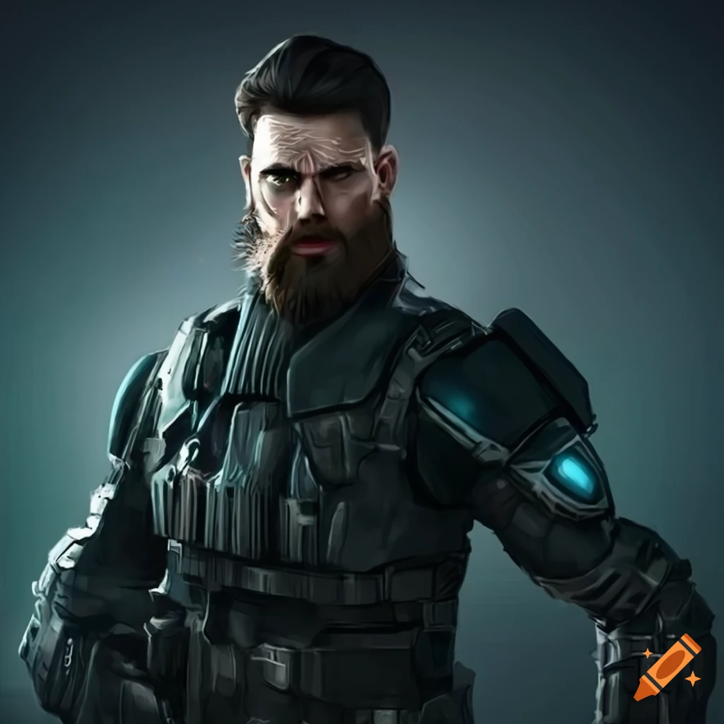Serious science fiction soldier with beard and dark brown hair on Craiyon