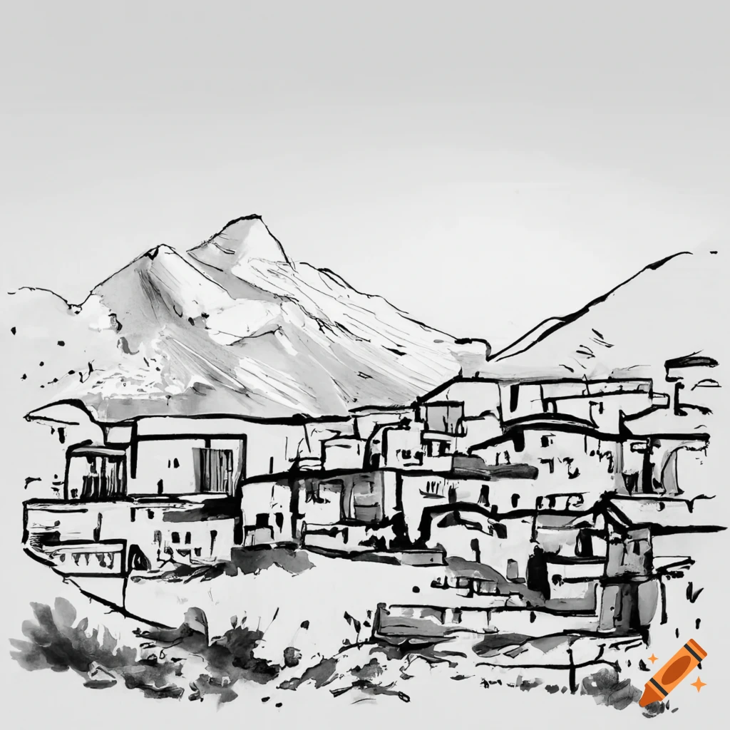 Black and white ink drawing. a Spanish pueblo village in the desert ...