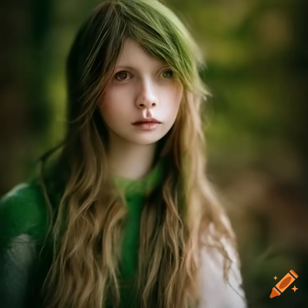 Small female. brown green hair. pink brown eyes. leaves and twigs in hair. forest on Craiyon