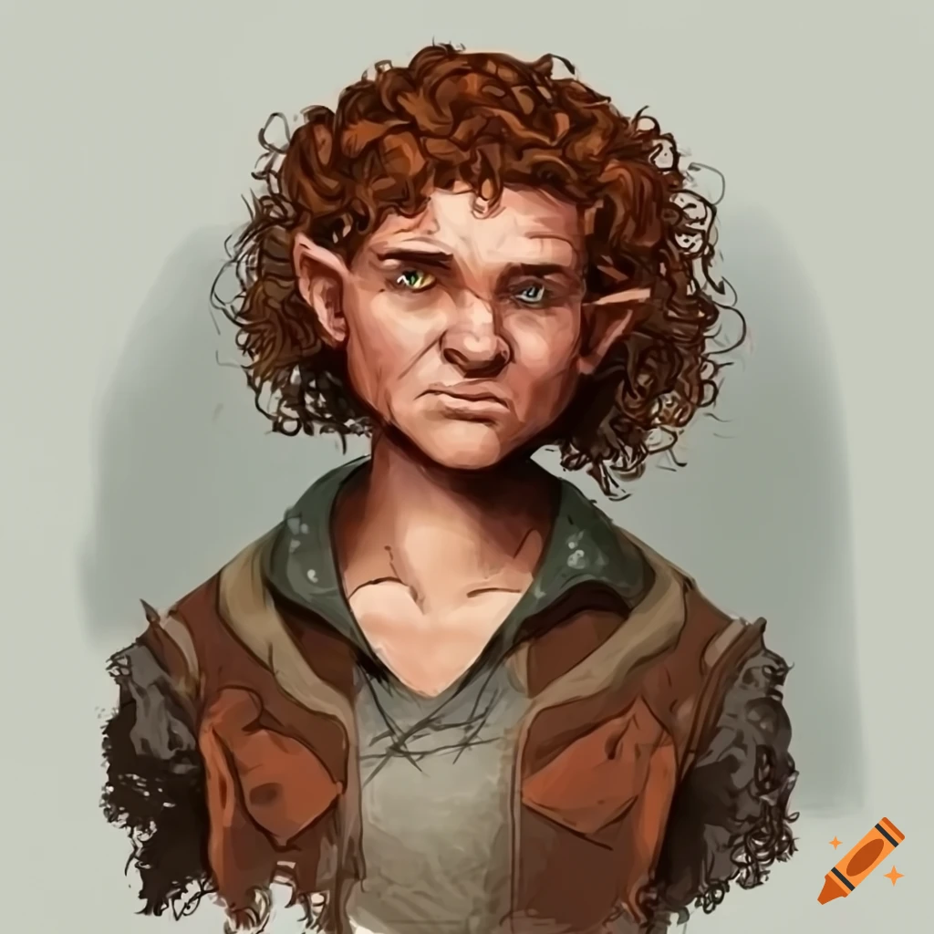 Middle aged halfling lumberjack thick curly brown hair and big front teeth