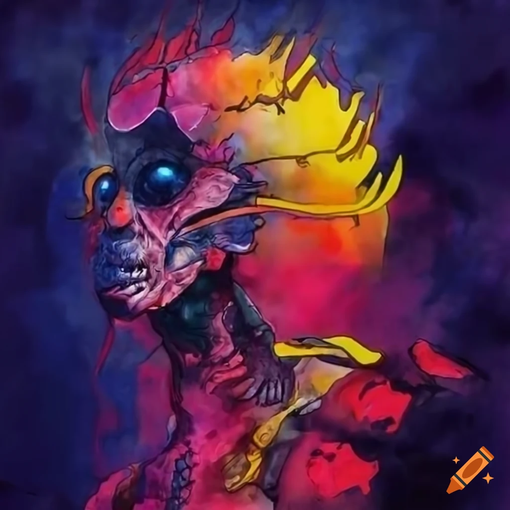 Original winged mutant superhuman design art in shades of reds, blacks ...