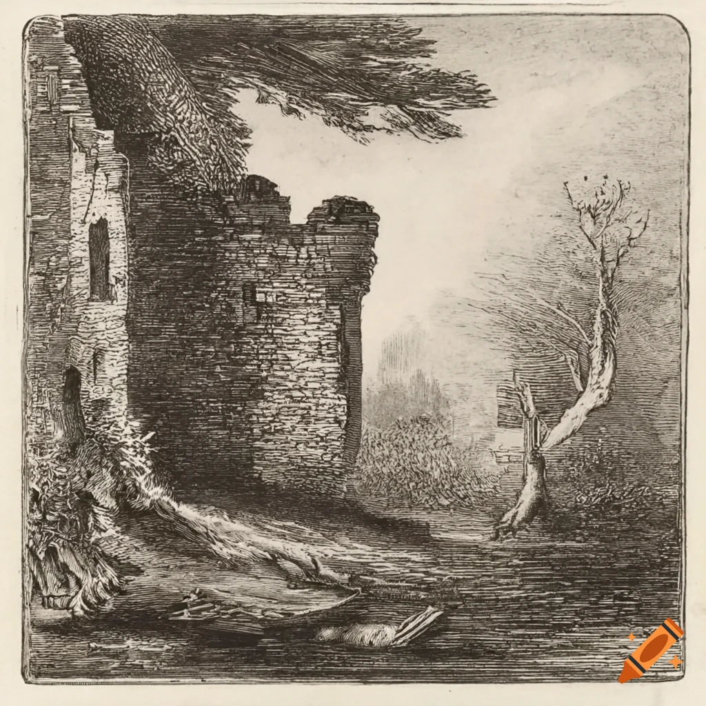 1800s etching of a sitting black rabbit in castle ruins with a small ...