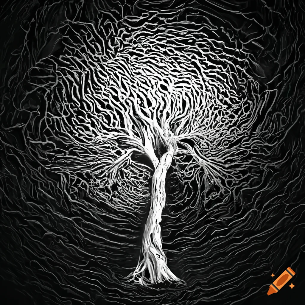 Abstract imaginary exploding tree monochrome on Craiyon