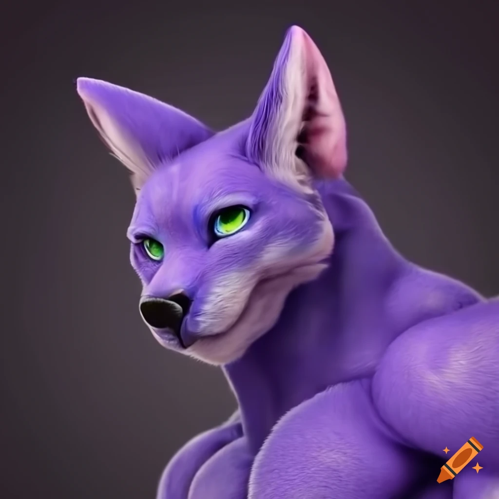 Close up photorealistic purple and blue furry fursona muscular on Craiyon