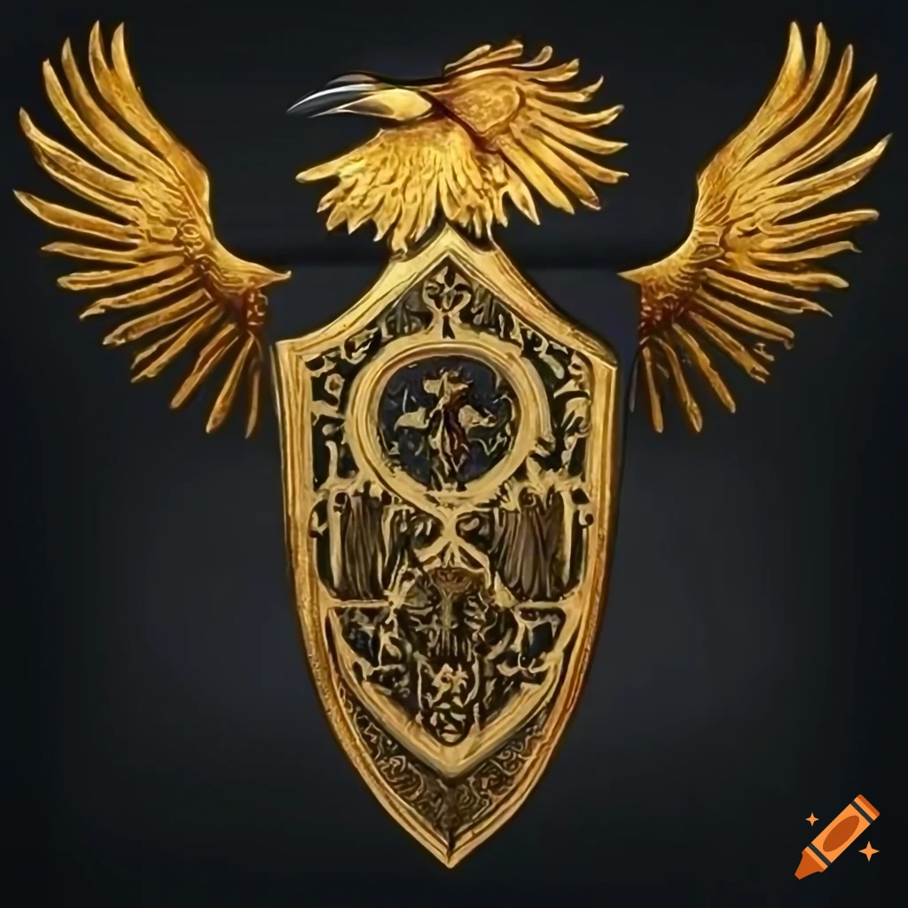 A majestic golden raven holding a shield with a crest design