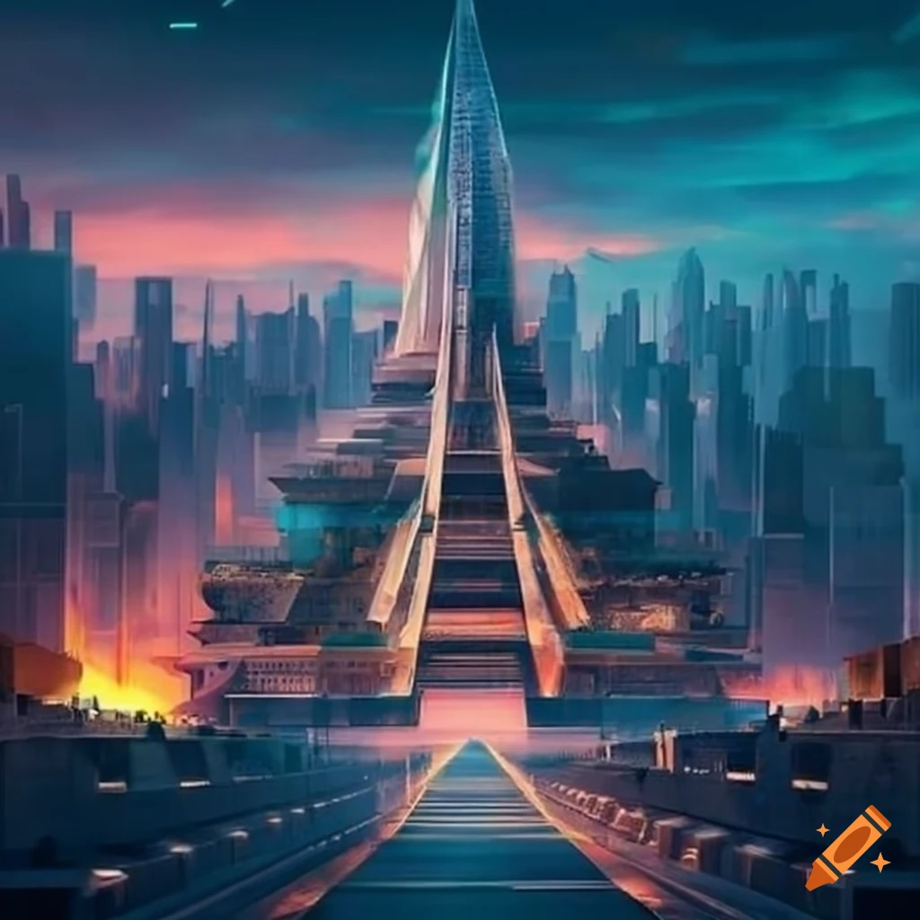 A stunning cityscape merging futuristic and aztec architectural influences