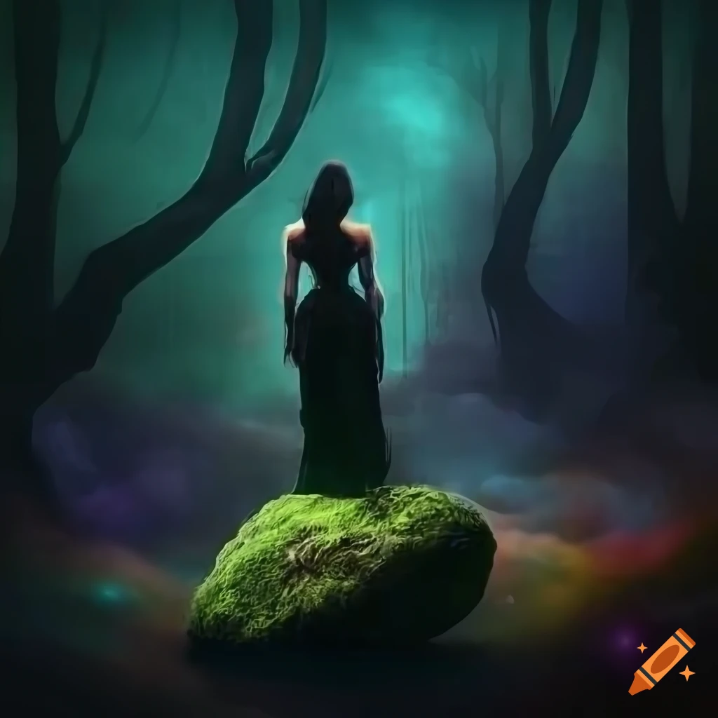 A beautiful female shadowy figure near a mossy rock by a cascade in a ...