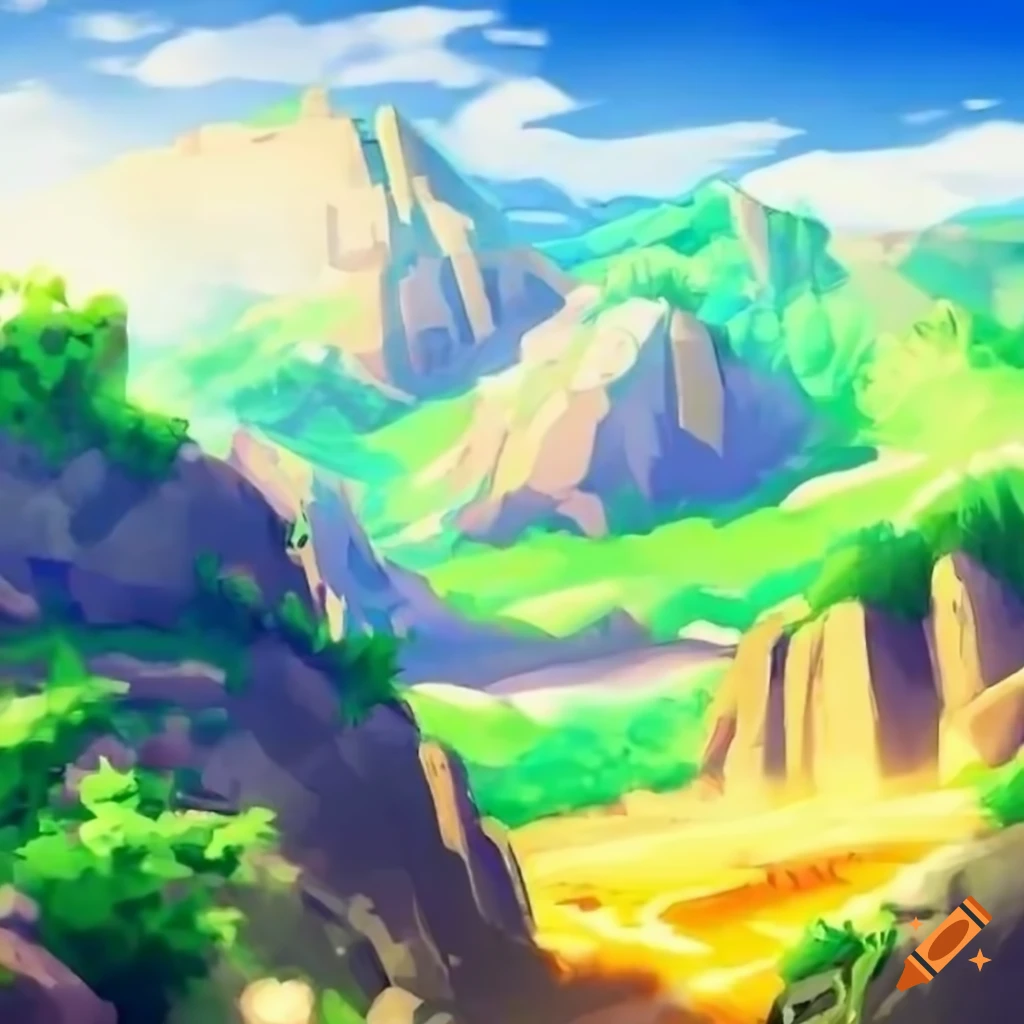 Anime-style pokémon landscape art featuring rugged rocky terrain