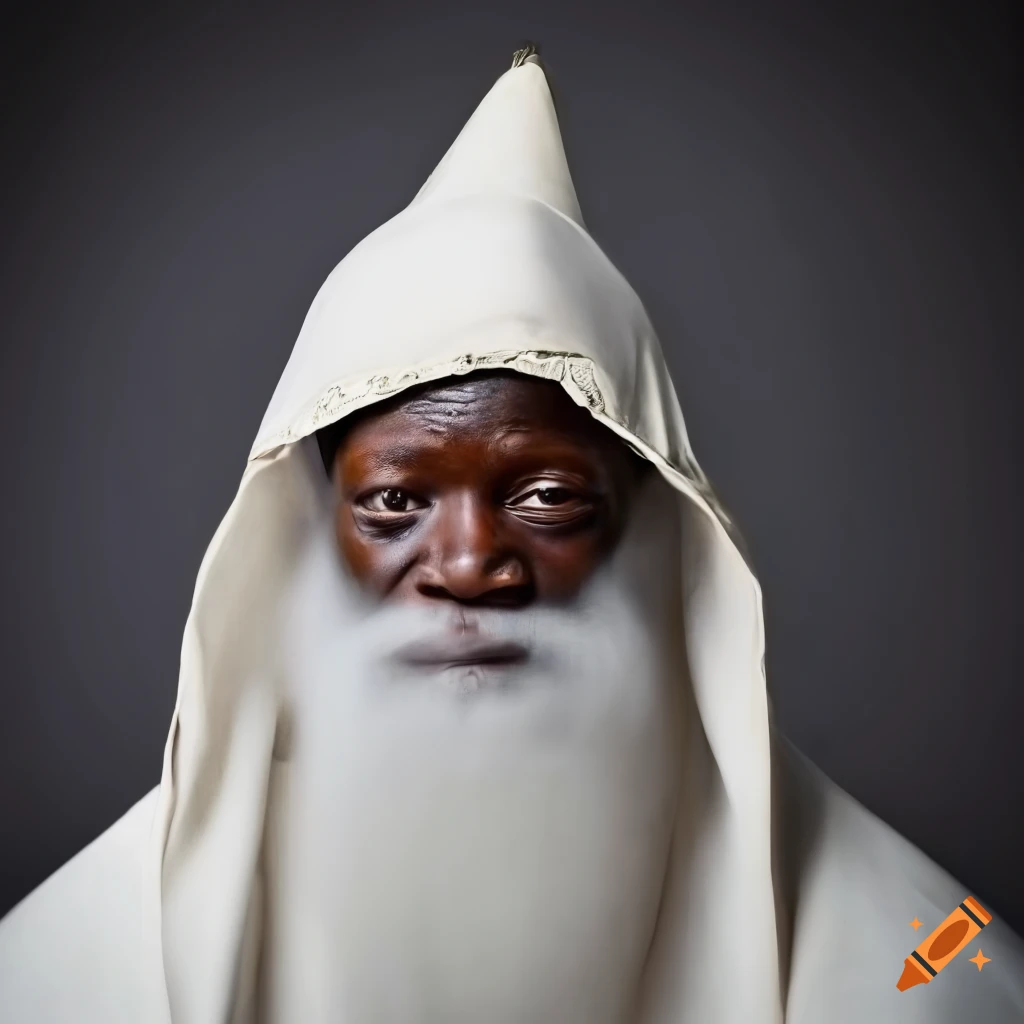 Portrait of a kindly black man in white monk's robes