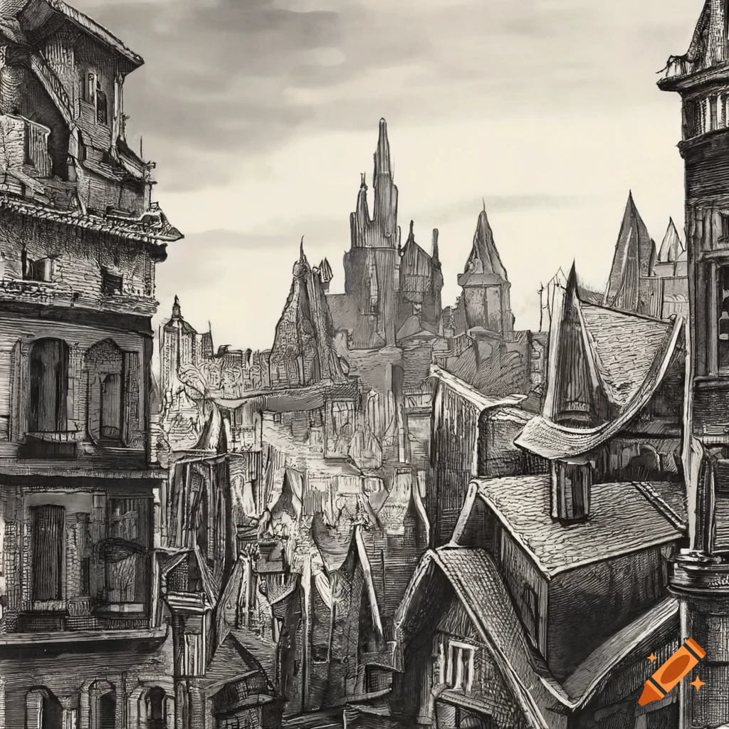 Rooftops of a city with a massive fortress at a distance, fantasy ...
