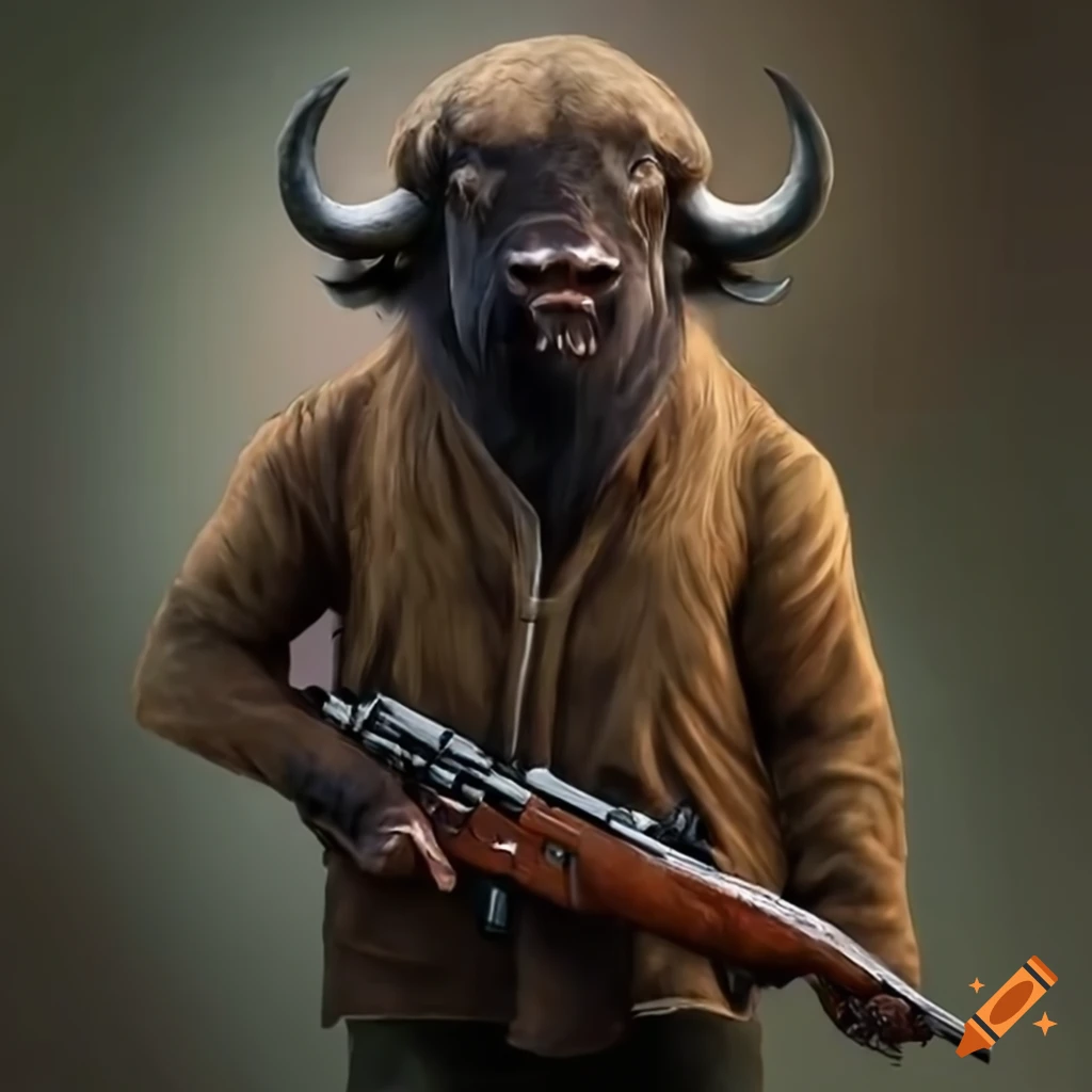 Realistic anthropomorphic buffalo holding a hunting rifle