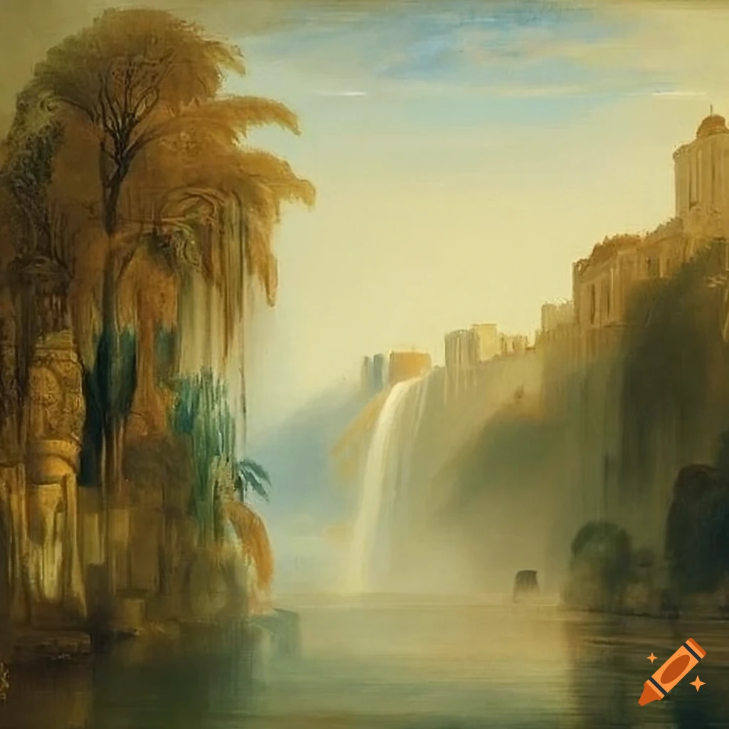 The Hanging Gardens of Babylon, misty, bloom lighting, art deco ...