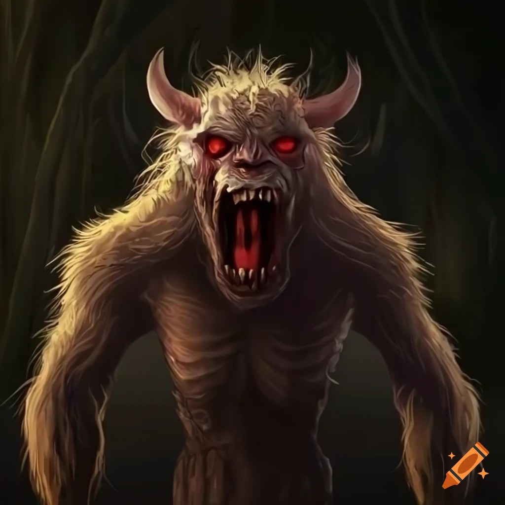 A fantasy beast, shaped like a man and with a large mouth with many ...