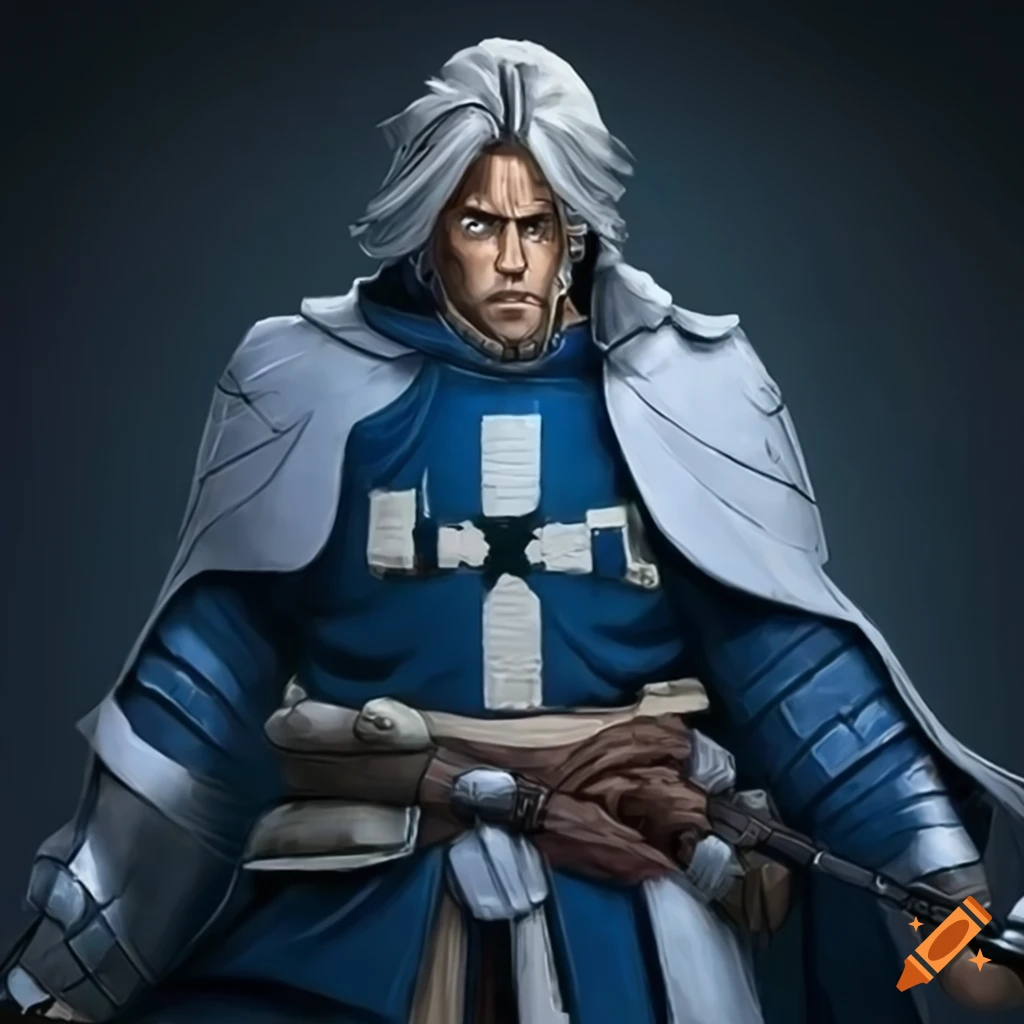 Luke Skywalker fusion Trevor Belmont as blue templar armor knight with samurai sword on Craiyon