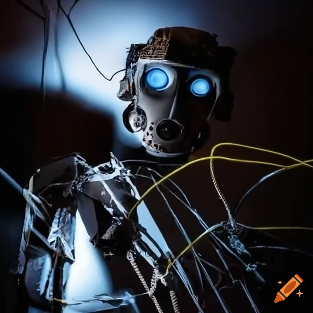 A damaged robot suspended from the ceiling with illuminated wires