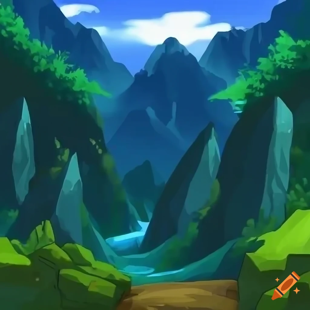 Pokemon anime style landscape art, rocky mountain terrain cold colors ...