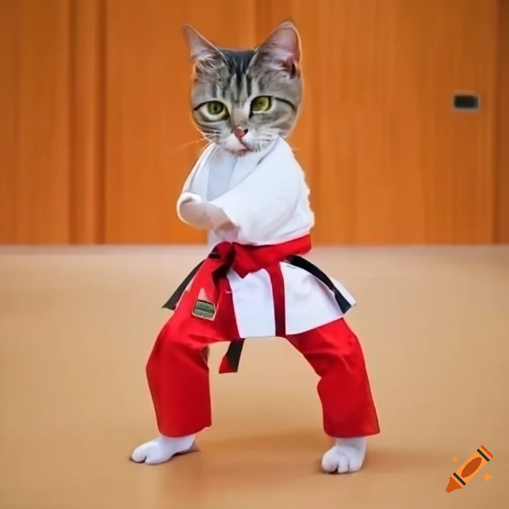Strong cat in a karate uniform