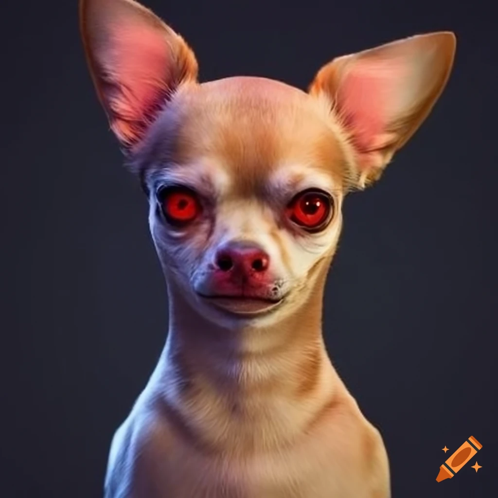 Humanoid buff chihuahua with red eyes, black, tan, white fur on Craiyon