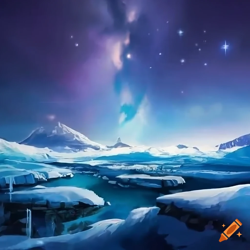 Frozen ruins on the surface of an icy planet with a starry sky, anime ...