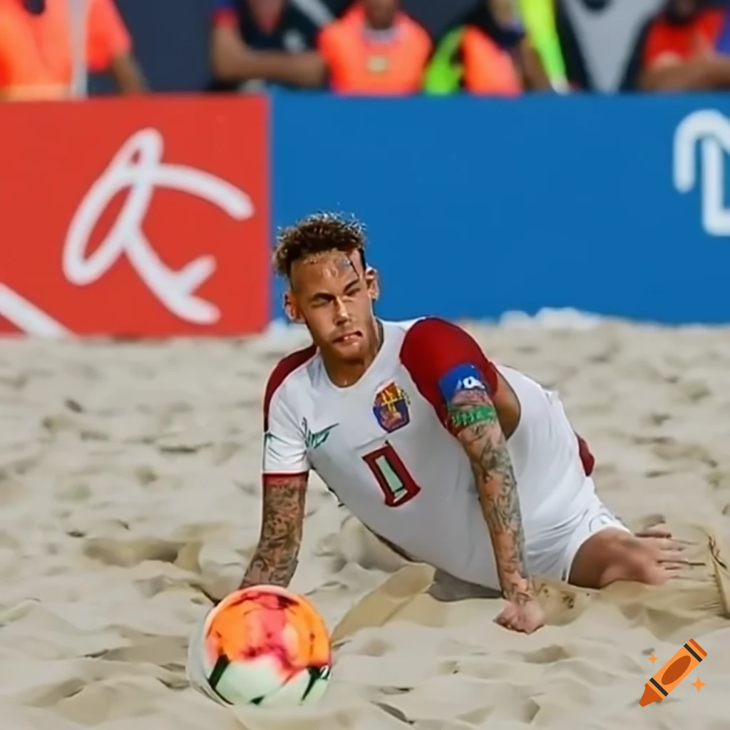 Neymar rolling on the ground as if it were a penalty foul in beach soccer
