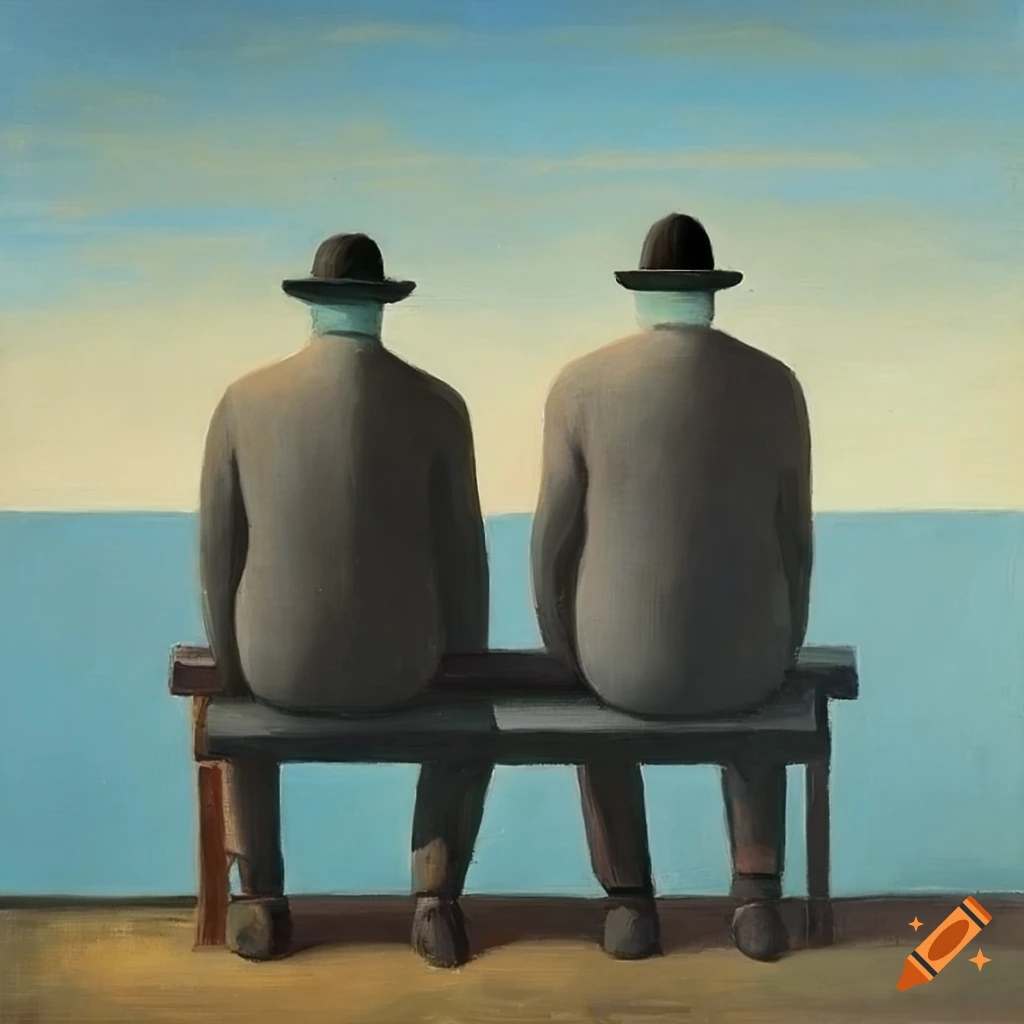 Two middle aged men sitting on a bench in the style of rené magritte