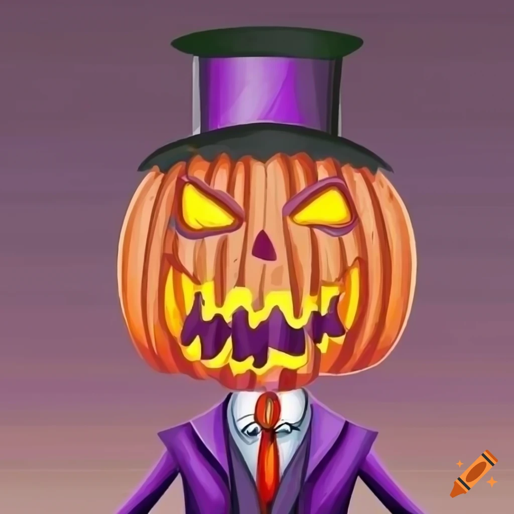 Cartoon style close up of an pumpkin-man wearing a purple suit and top ...