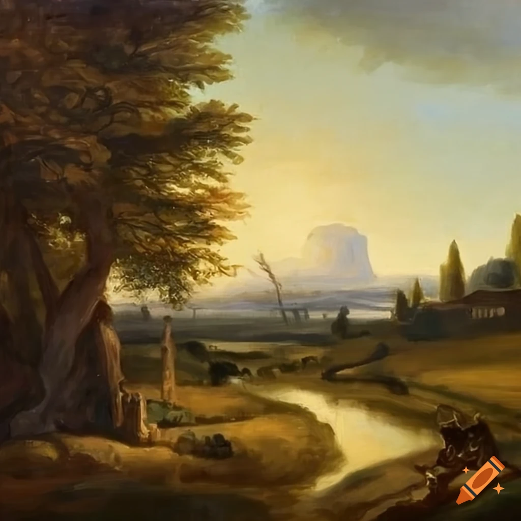 Renaissance Oil painting of a countryside with an android traveler in ...
