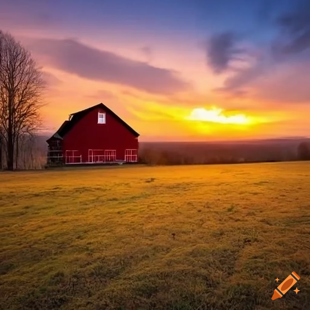 Scenic countryside farm at sunset