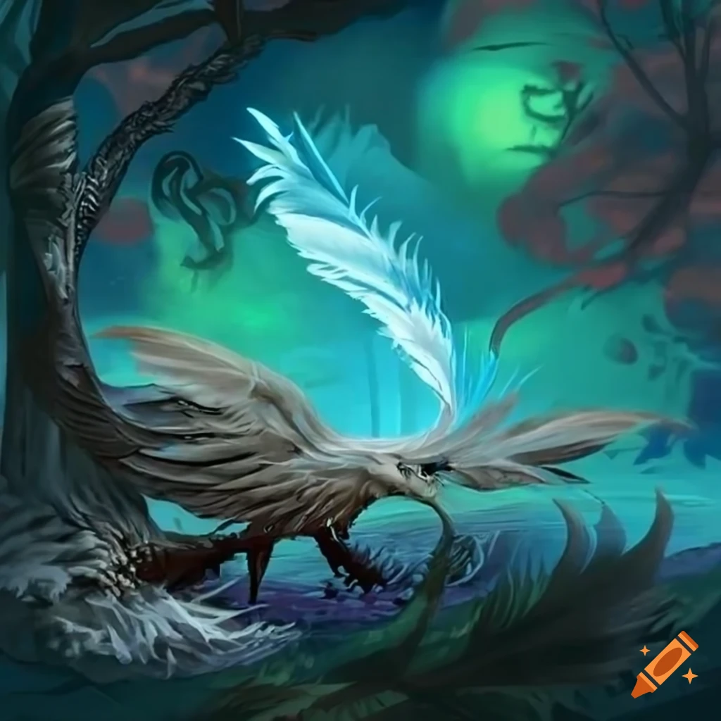 Eldritch horror, white feathers, orange and cyan on Craiyon