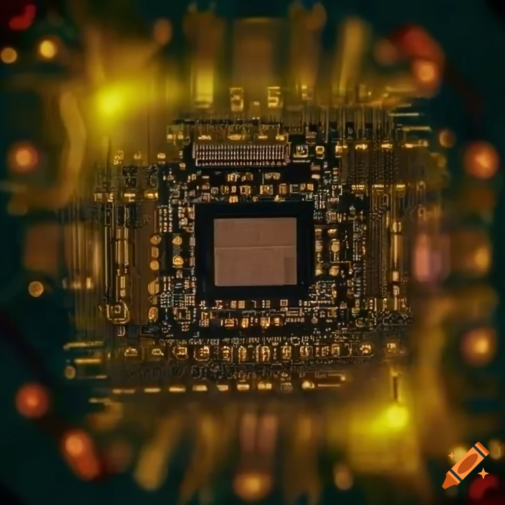 Digital traces of a cpu circuit board yellow light