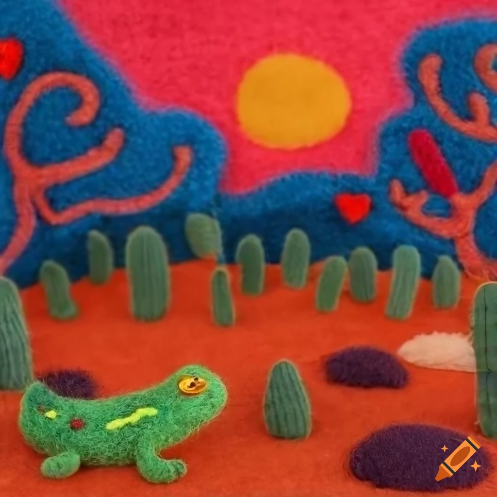 Red sunset, needle felt olive trees, and cactus, desert landscape ...