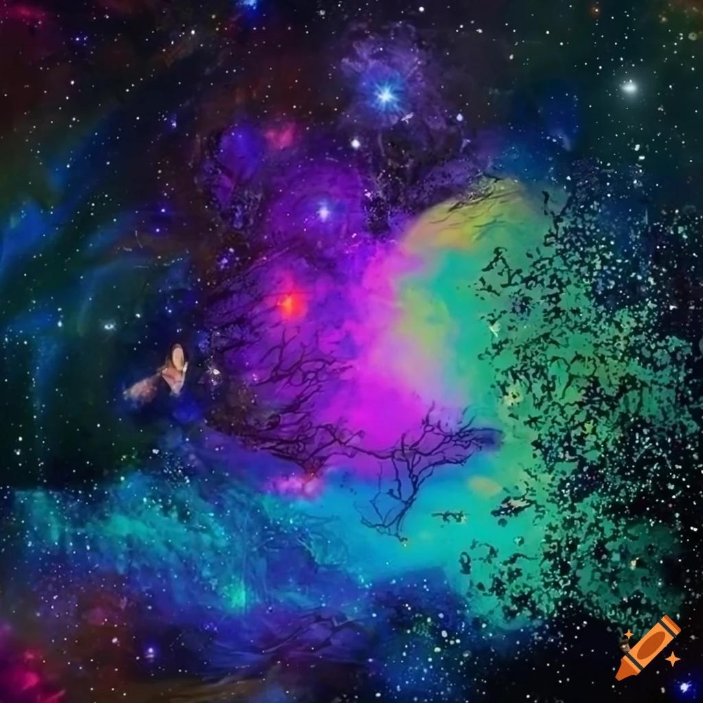 Magine a vibrant and ethereal cosmic landscape stretching across the ...