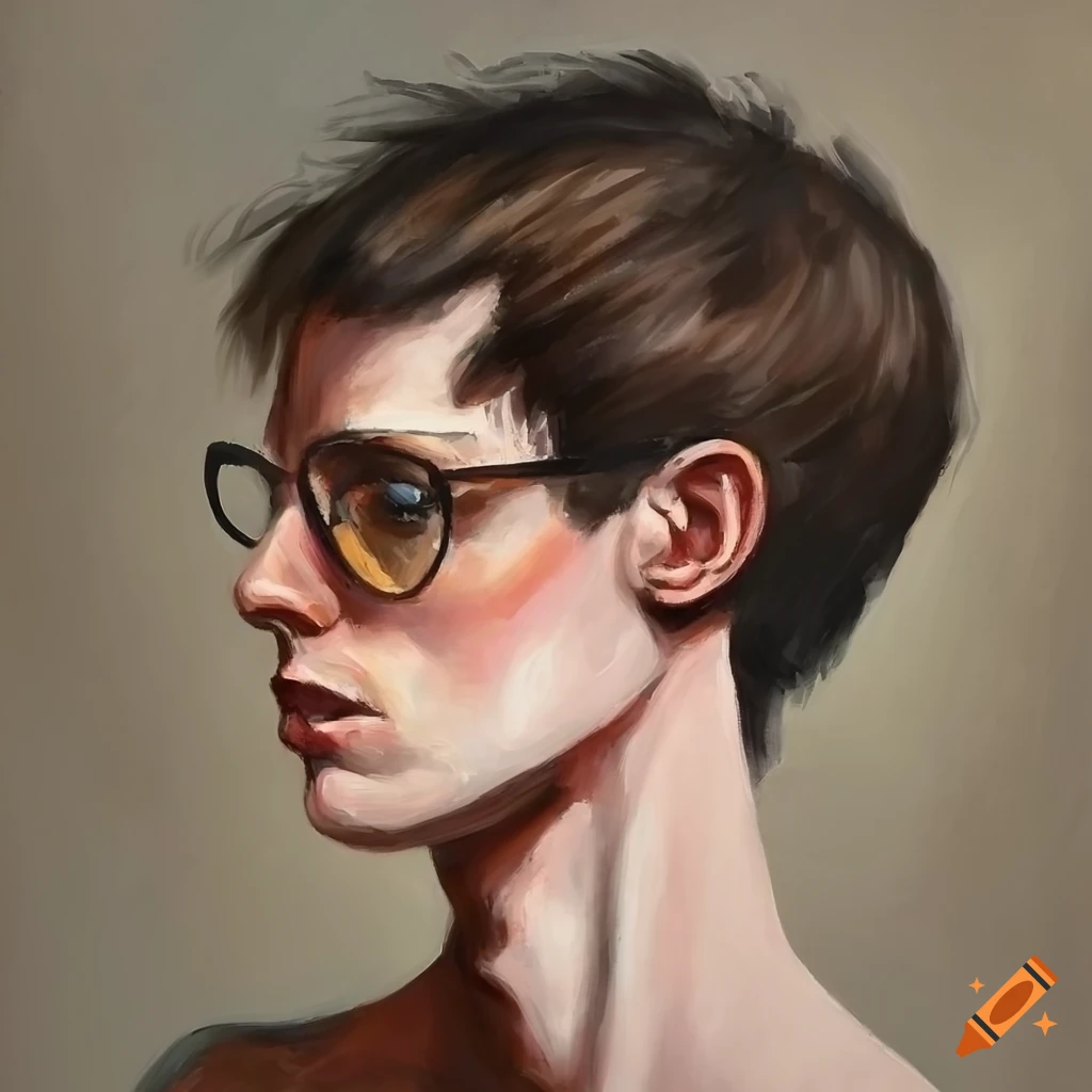 Oil painting of a portrait of a skinny pale guy with rounded glasses ...