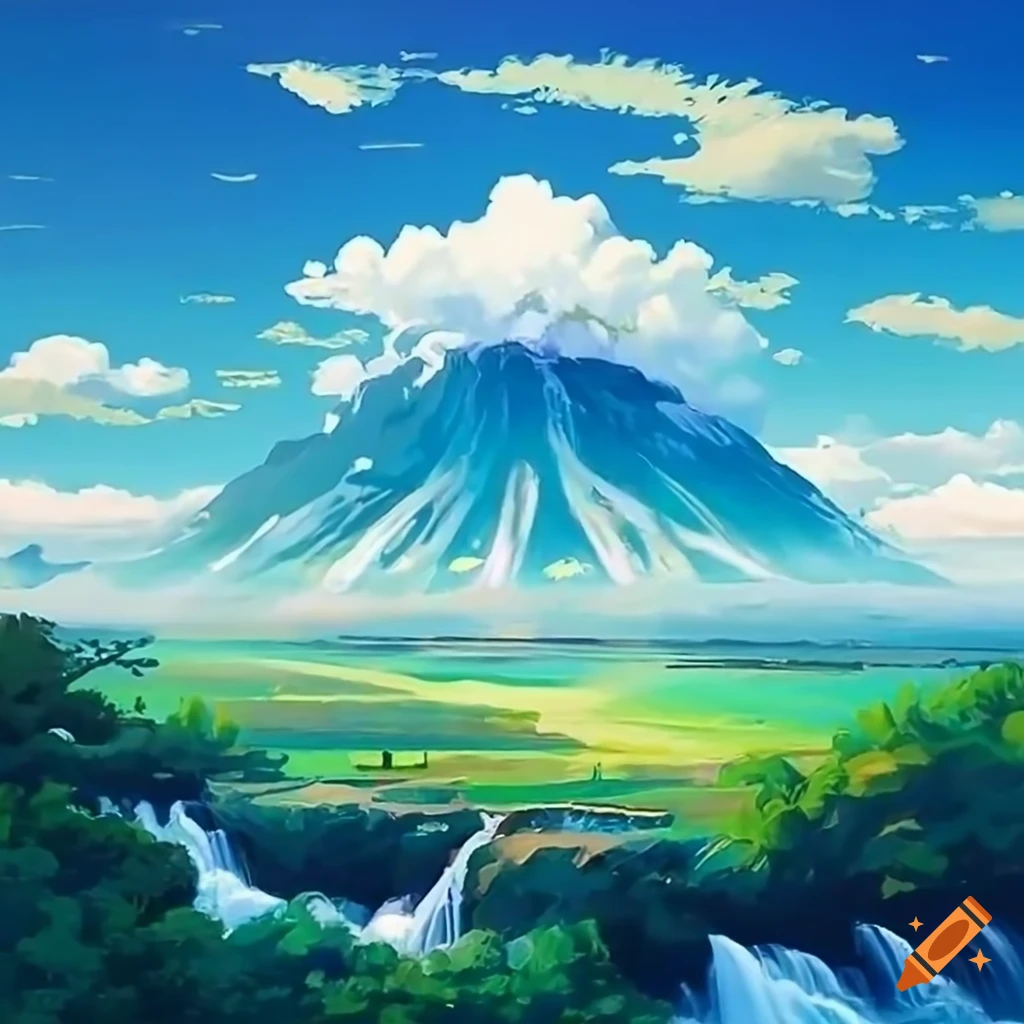 Floating island in the sky with waterfalls flowing off it, clouds ...