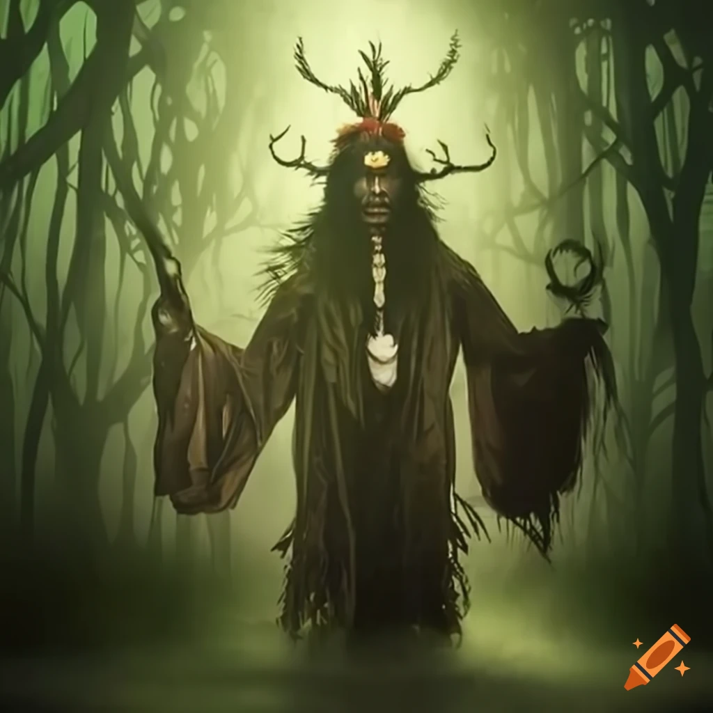 Mysterious shaman performing a ritual in the misty swamp on Craiyon