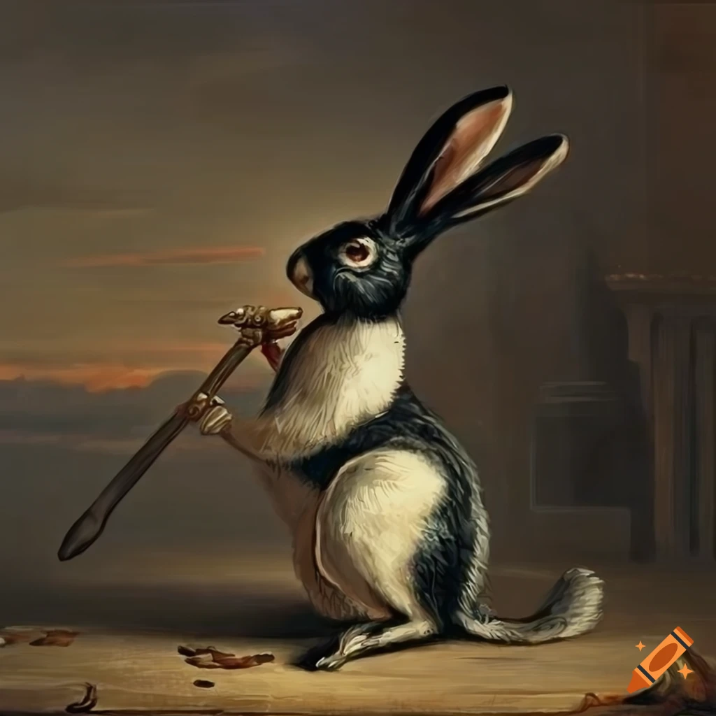 1800s art side view of a black rabbit with a sword, iconic, heroic on ...