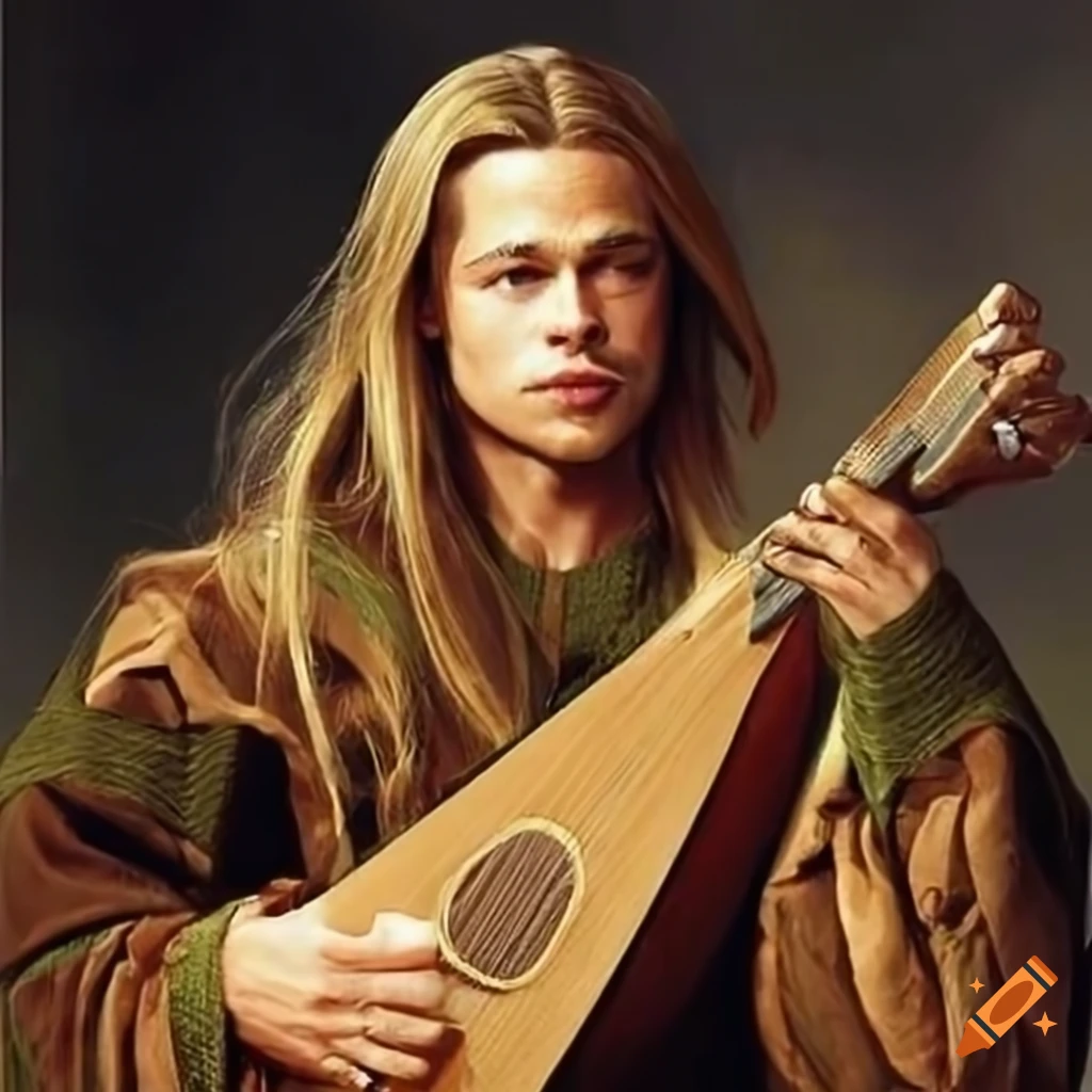 Brad pitt, long hair, playing a lute, dressed as a medieval elf