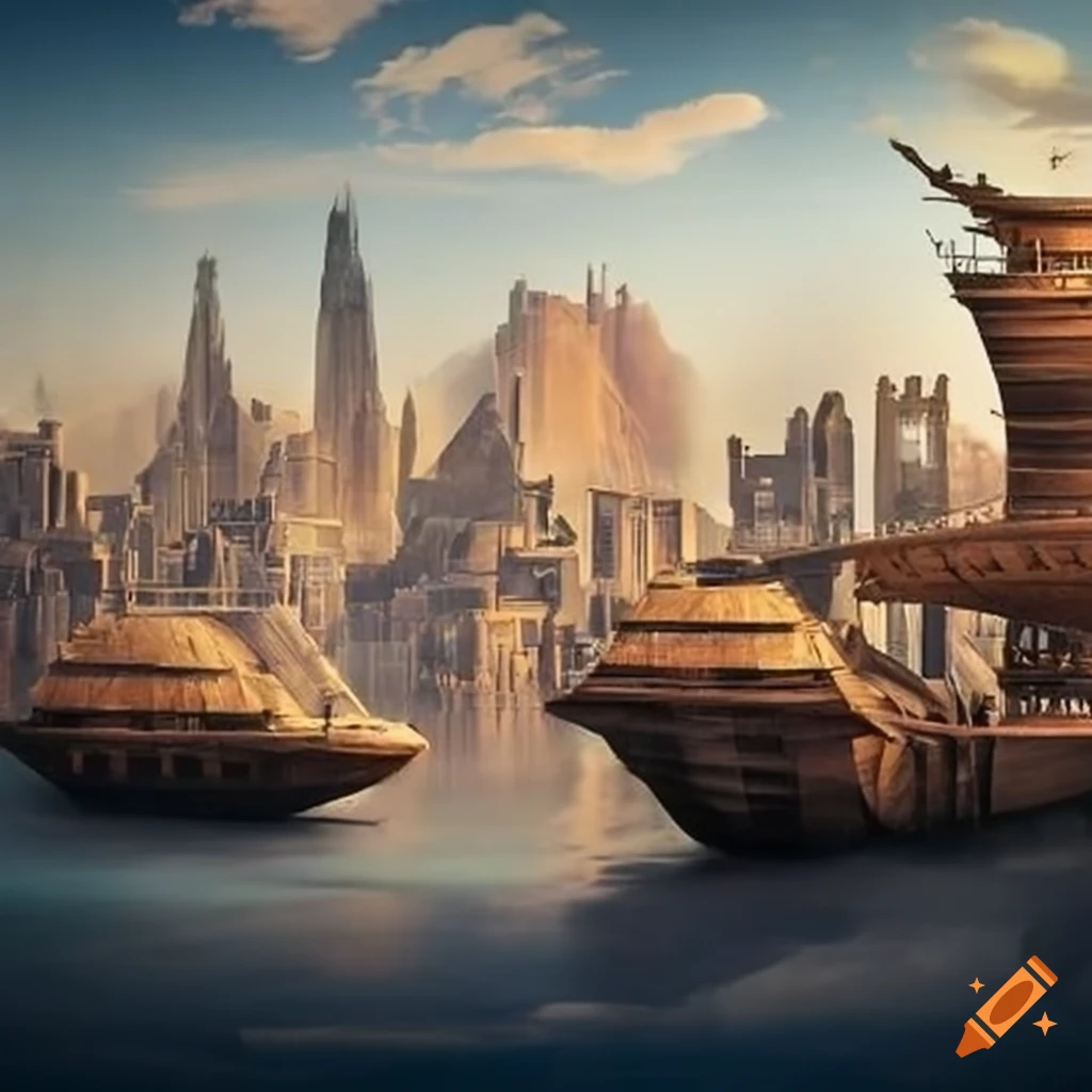 Floating city built from wooden ships on Craiyon