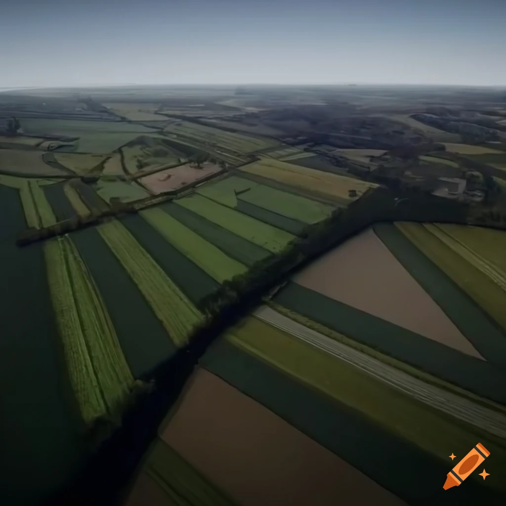 Unreal engine 5 aerial view of sci-fi saxony with farm fields and houses