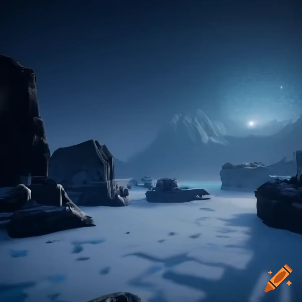 Unreal engine 5 ice palace with ice landscape, blue sky and pleiades on ...