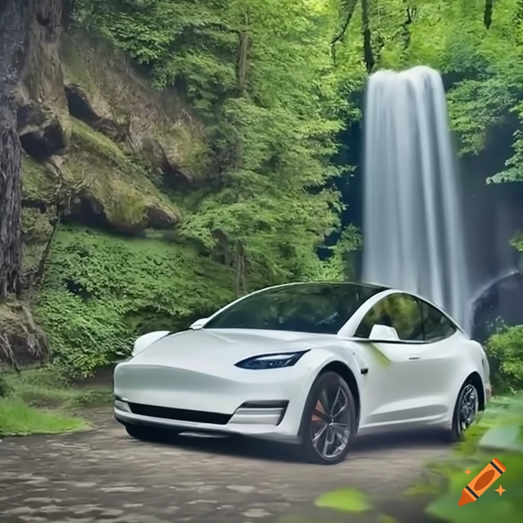 White Tesla Model Y parked next to waterfall and green trees on Craiyon