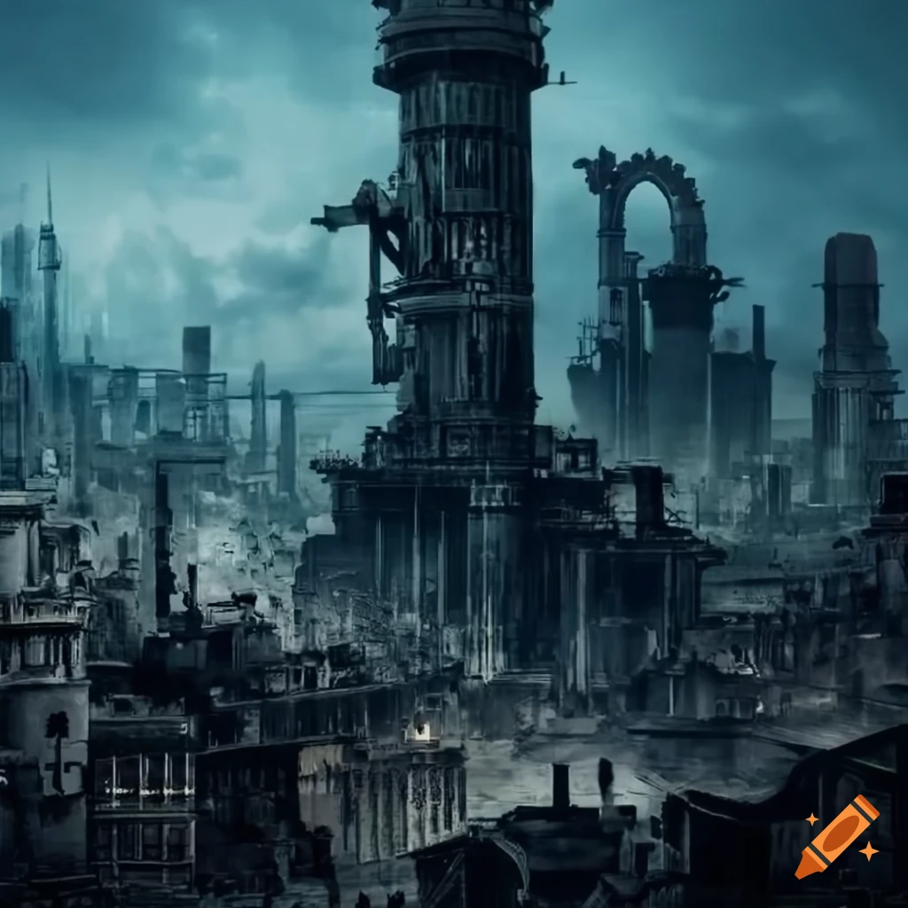 A gothic megacity mixed with industrial machinery and pipes