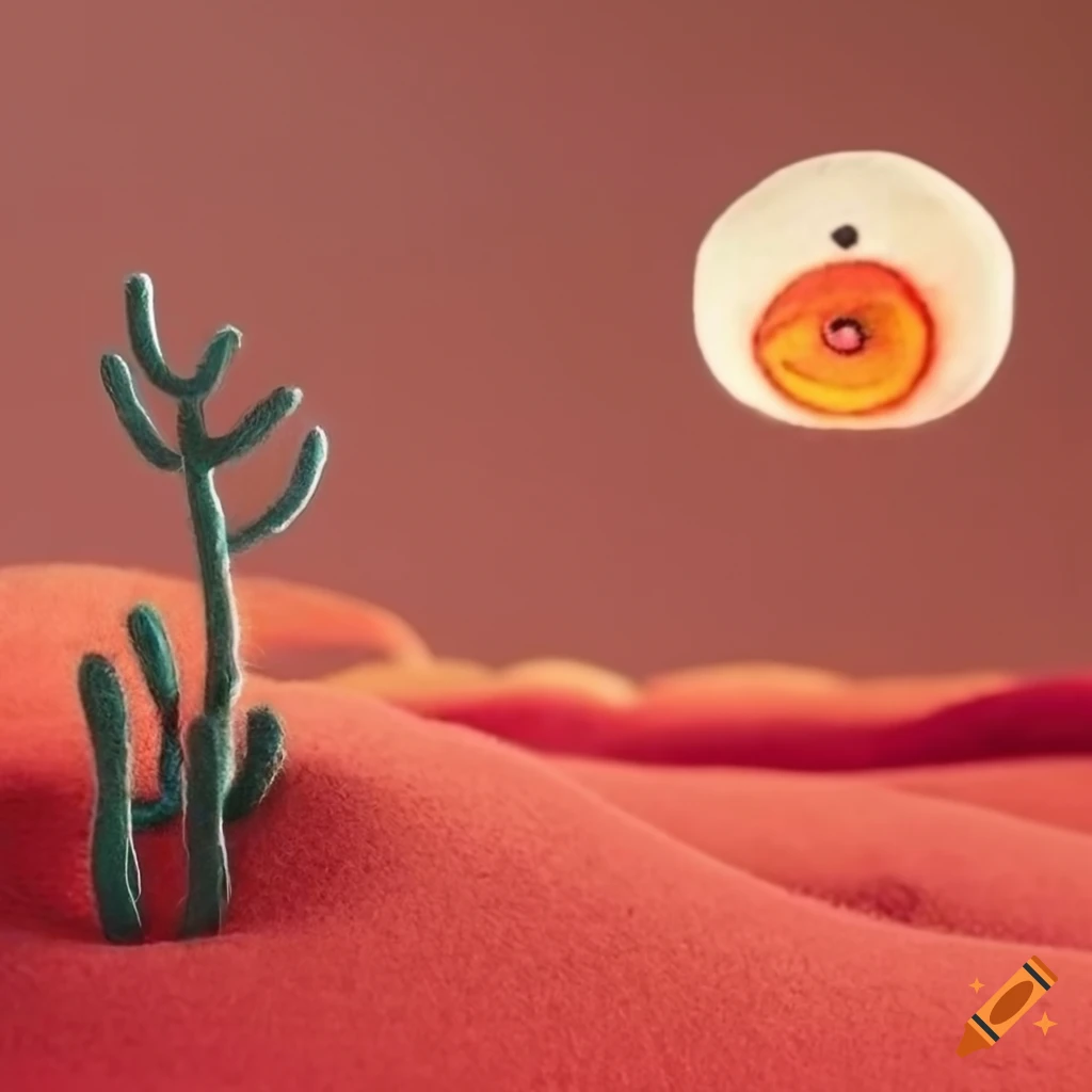 Red sunset, needle felt olive trees, and cactus, desert landscape ...