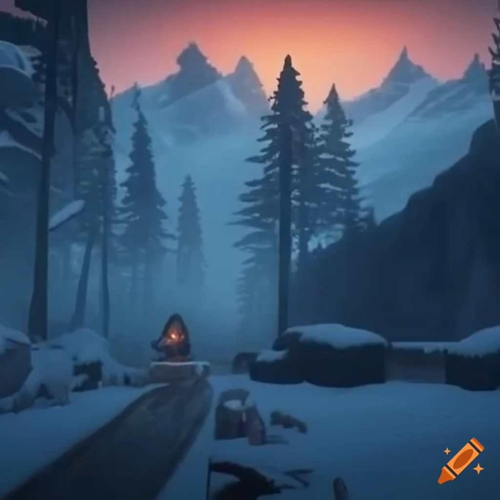 Screenshot of a snowy landscape at sunset in 'The Long Dark' game with ...