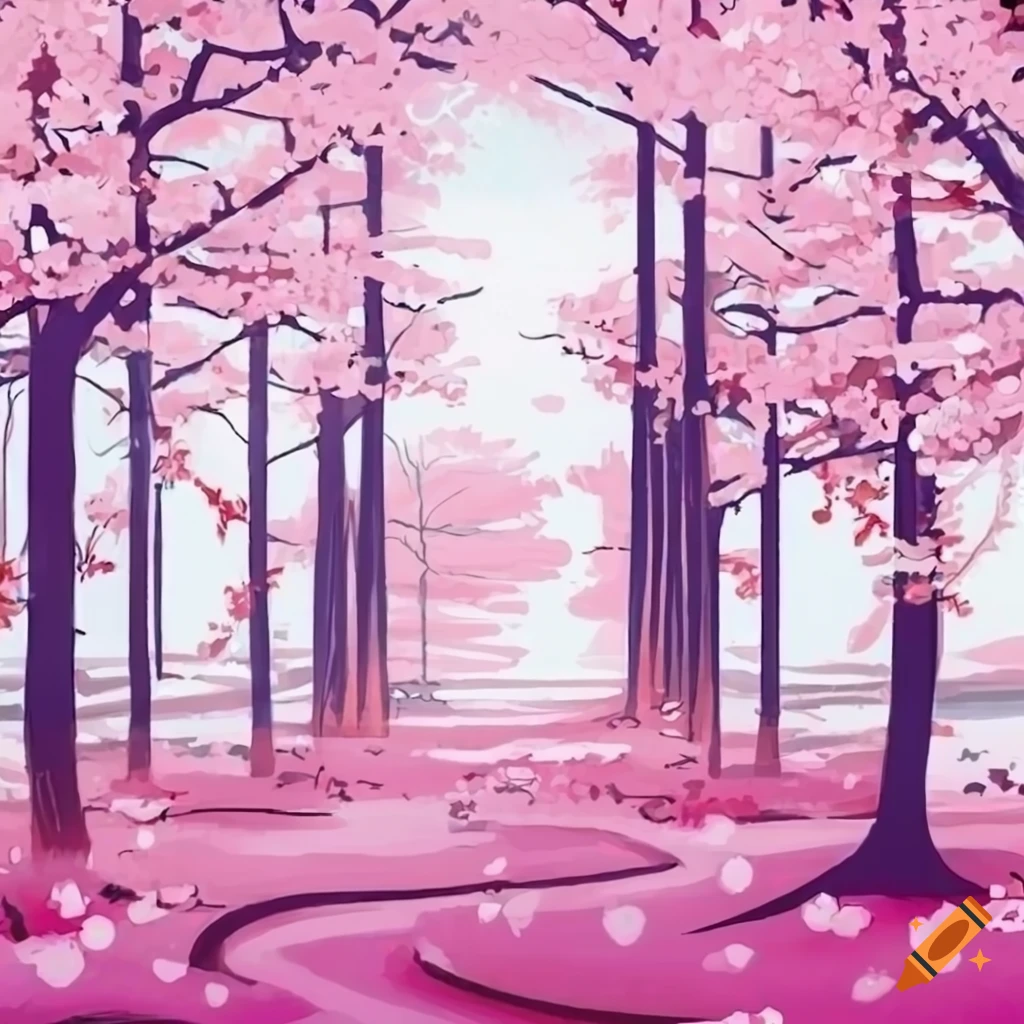 Sakura forest with japanese arc drawing