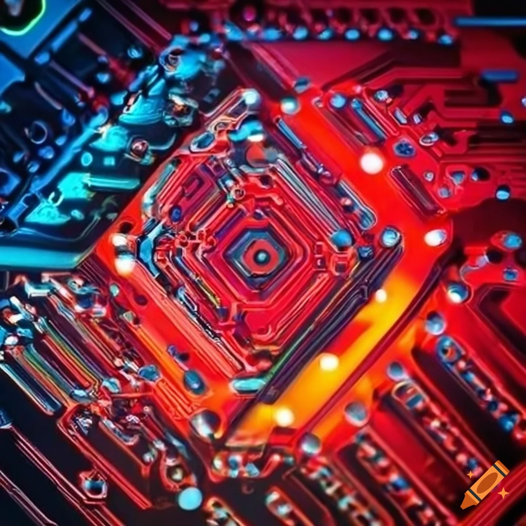 A photograph focus on many printed circuit. color around red and orange ...