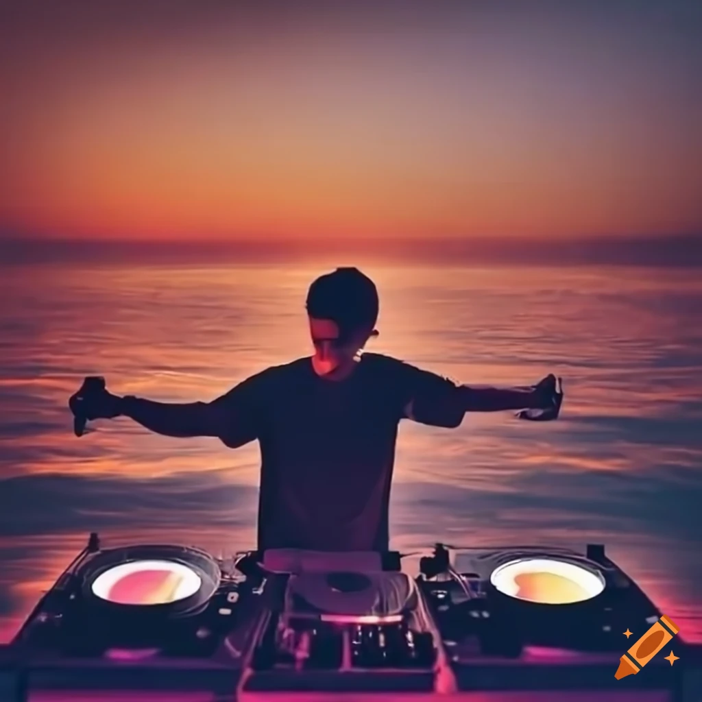Dj playing to an elated crowd on a beach at sunset seen from within the ...