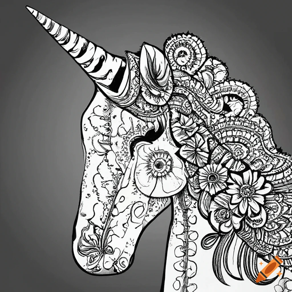 Coloring book page, unicorn in a mandala style on Craiyon