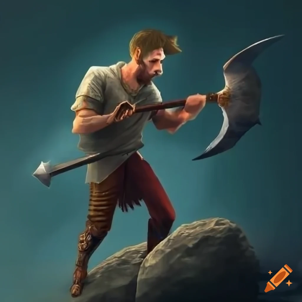Man hitting a rock with a fantasy pickaxe