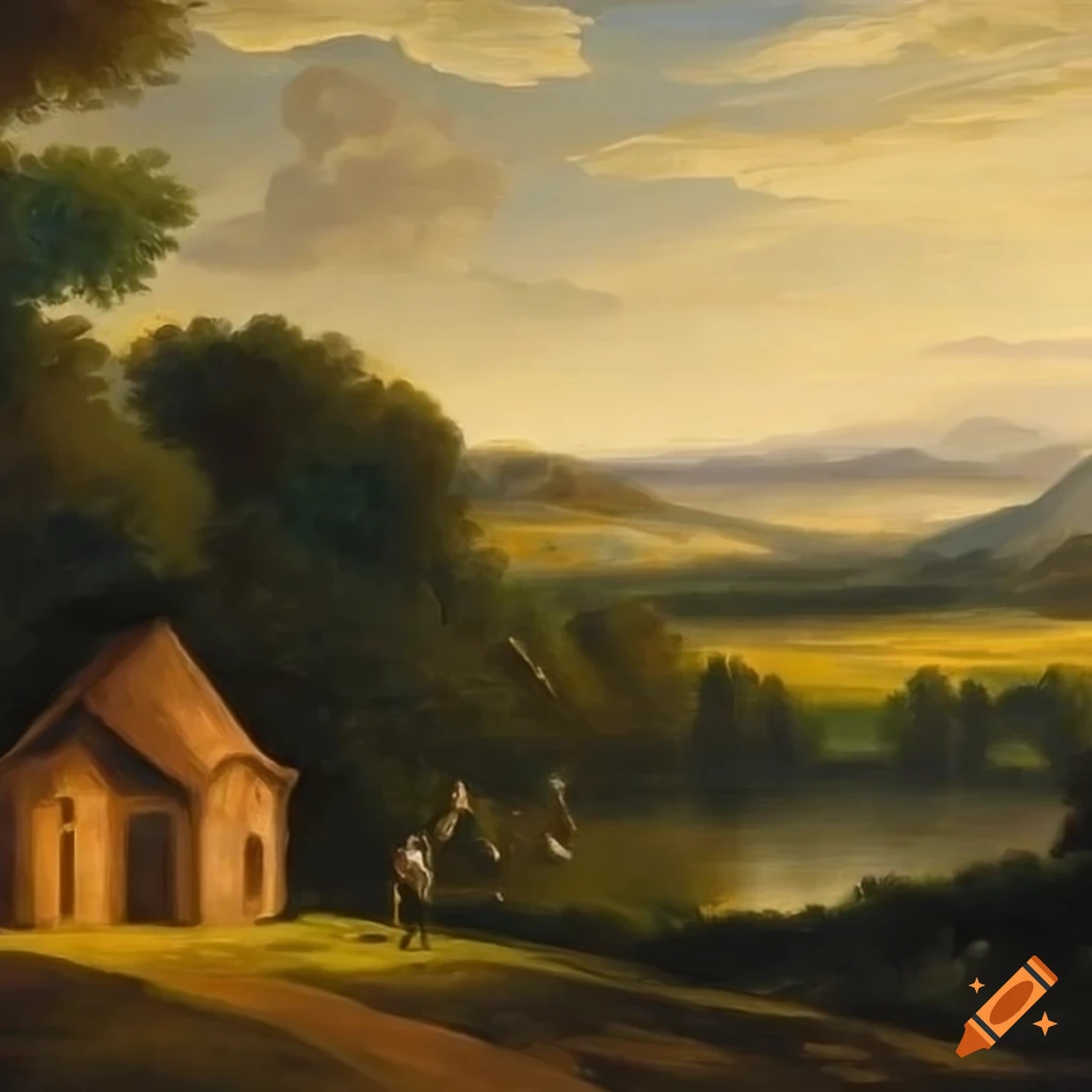 Renaissance Oil painting of a countryside with an android traveler in ...